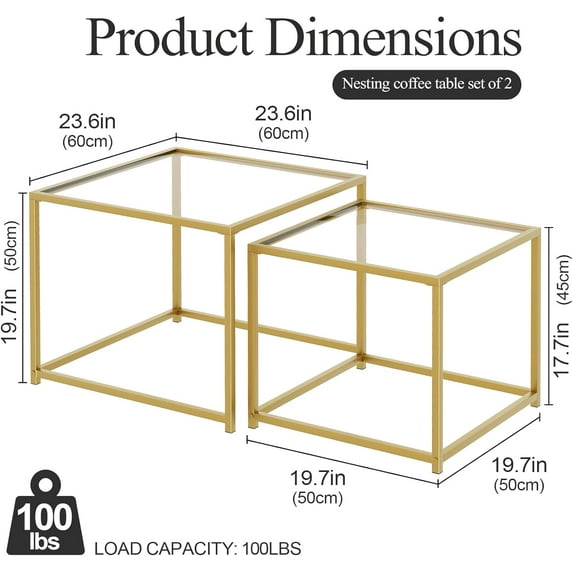 Coffee Table Set of 2, Modern Glass Nesting Table, Metal Frame Square ...