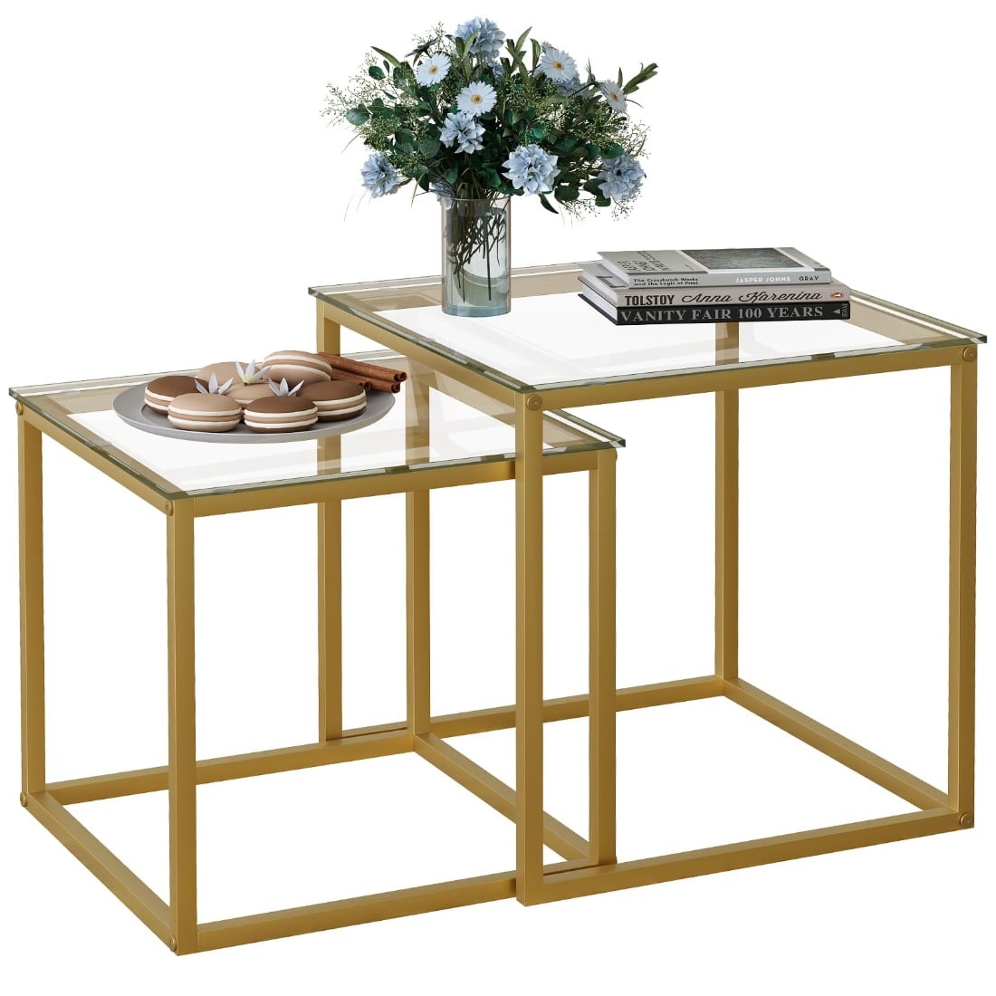 Coffee Table Set of 2, Modern Gold Glass Side Table, Metal Frame Square ...