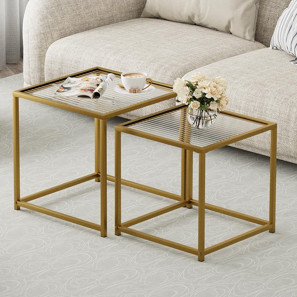 Coffee Table Set of 2, Modern Gold Patterned Glass Side Table, Metal ...