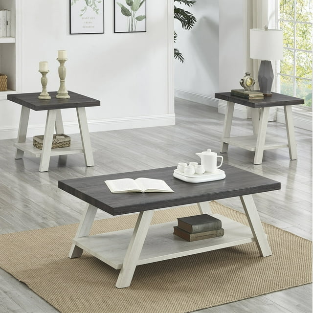 Coffee Table Set of 3, Modern Double Layer Storage Wood Coffee & End ...