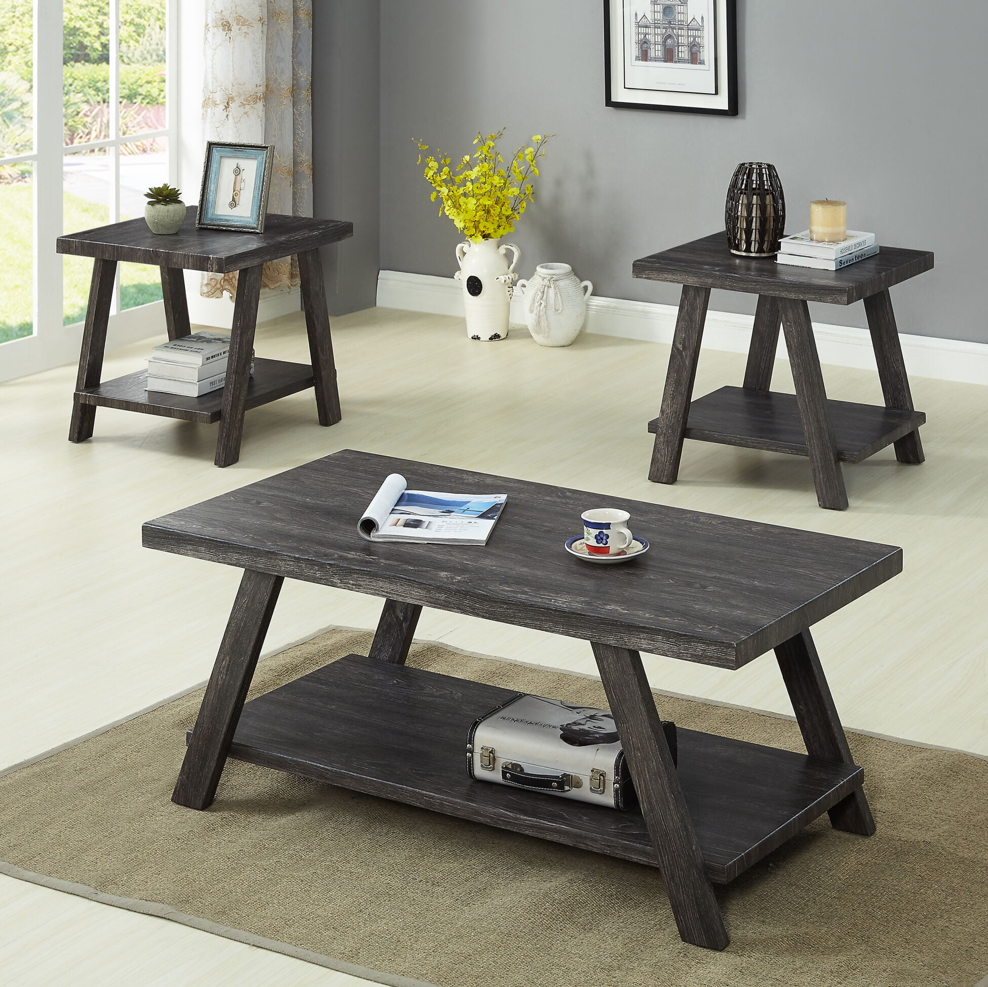 Coffee Table Set of 3, Wood Sofa Side End Coffee Table, Double Layered ...