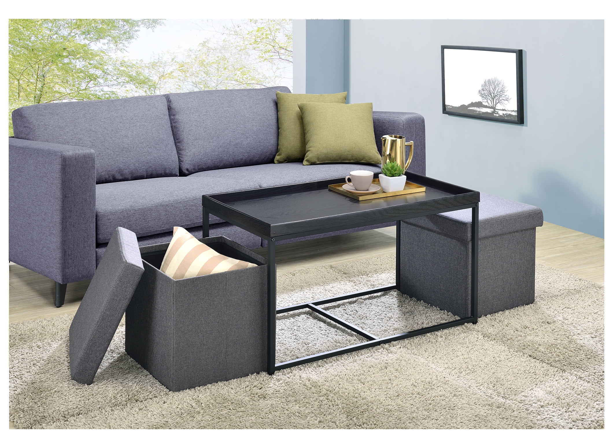Coffee Table Set with Storage Stools, 3 Piece Living Room Table Set ...