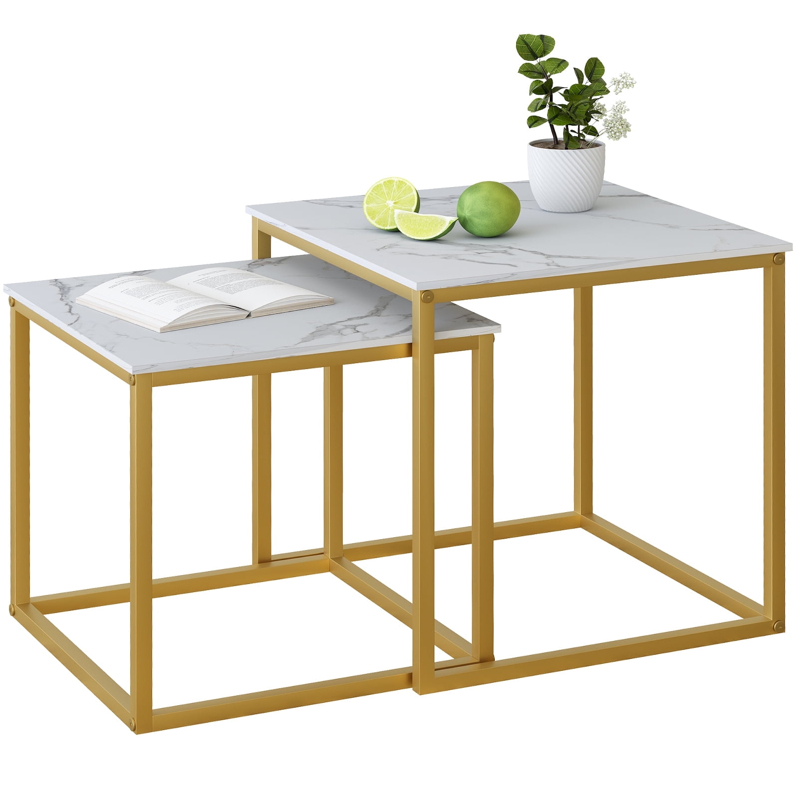 Coffee Table Set of 2, Modern Gold Wooden Side Table, Metal Frame ...