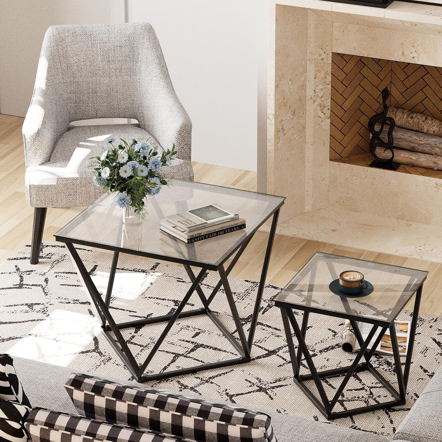 Coffee Table Set of 2,Square Transparent Tempered Glass Side Table ...
