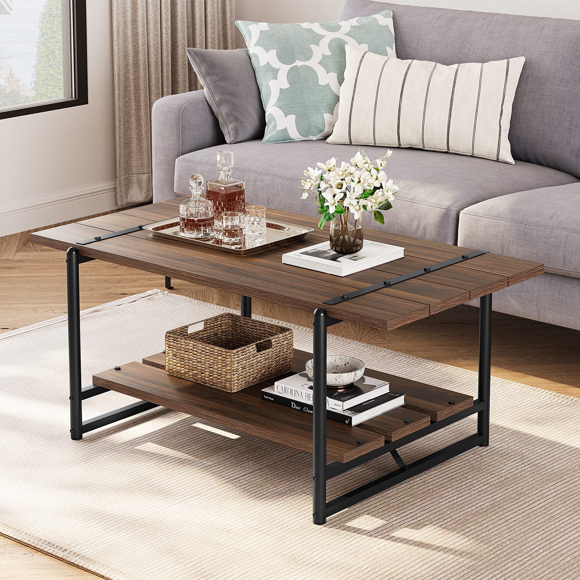 Coffee Table with Shelf, 41'' Large 2-Tier Gray Wood Coffee Table with ...