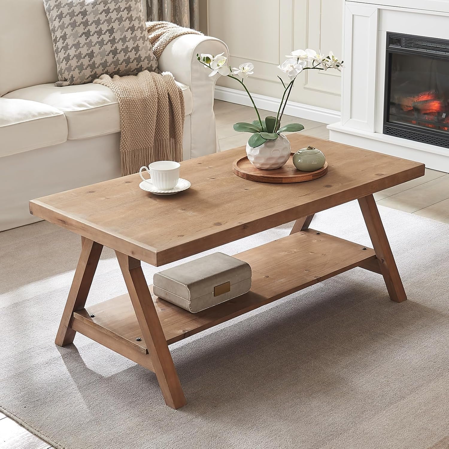 Coffee Table,Solid Wood Center Tables with Storage Shelves & Sturdy A ...