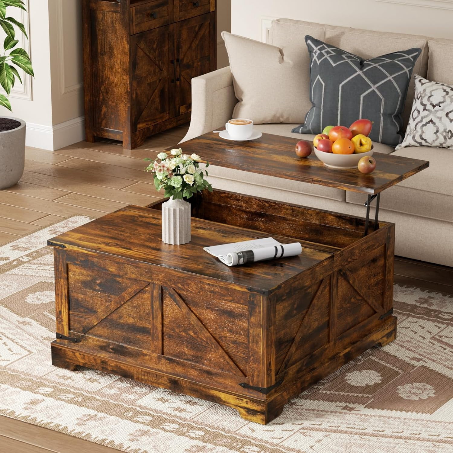 Coffee Table with Storage, 31.5" W Farmhouse Lift Top Wood Square ...