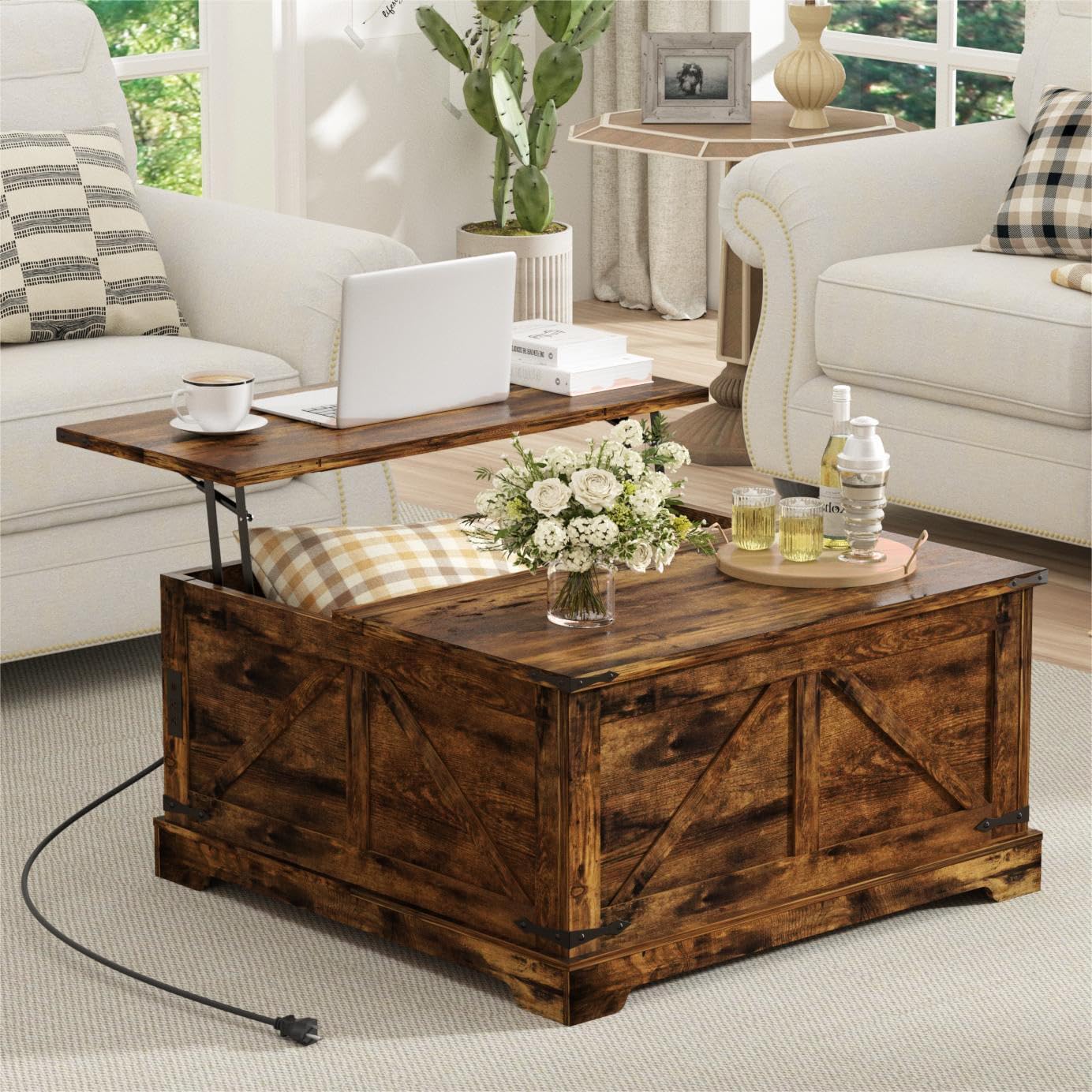 Coffee Table with Storage, 31.5" W Farmhouse Lift Top Wood Square ...