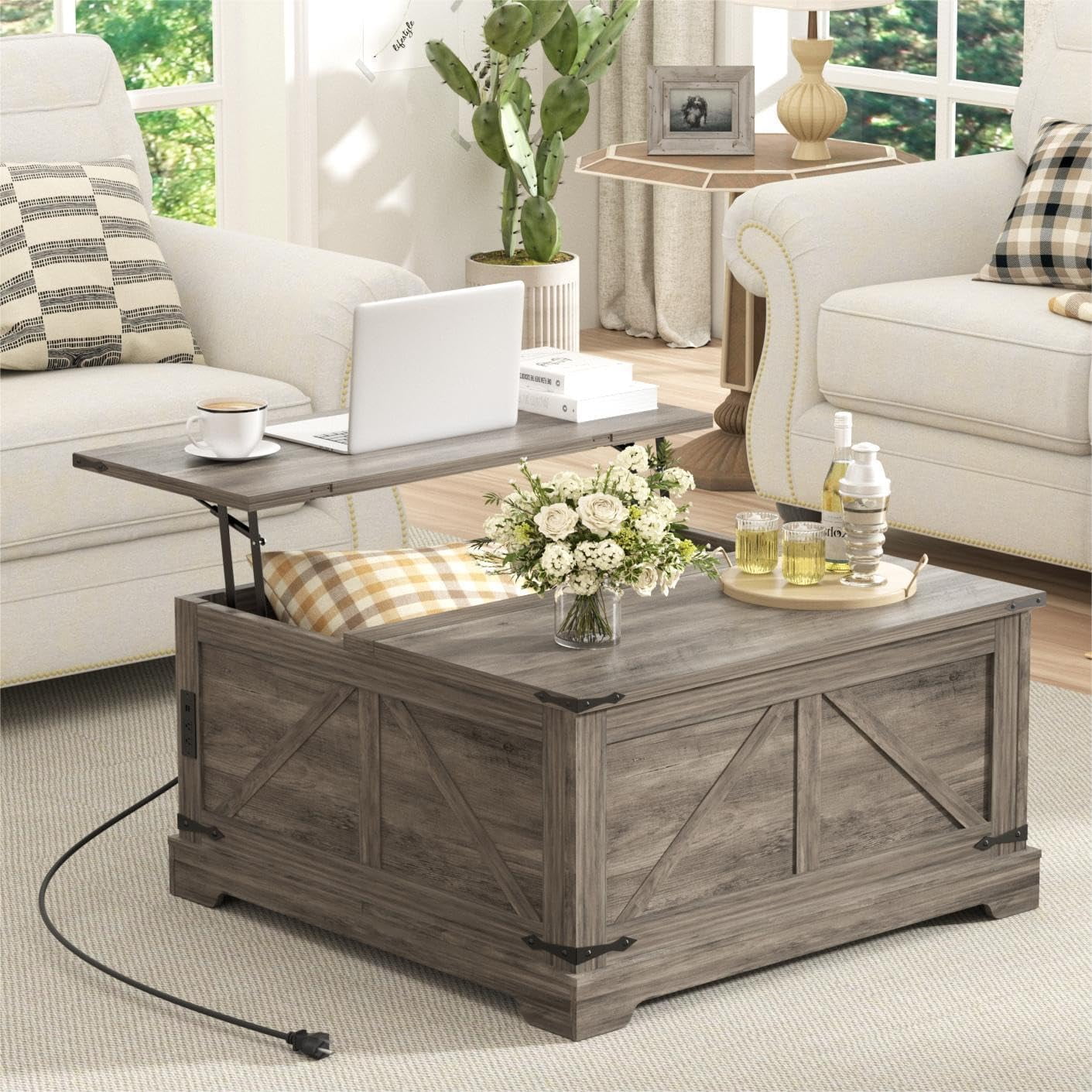 Coffee Table with Storage, 31.5" W Farmhouse Lift Top Wood Square Center Table with Charging ...