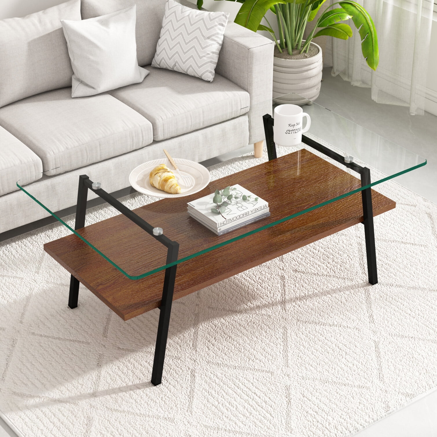 Coffee Table with Storage Shelf, 2-Tier Rectangle Coffee Table with ...