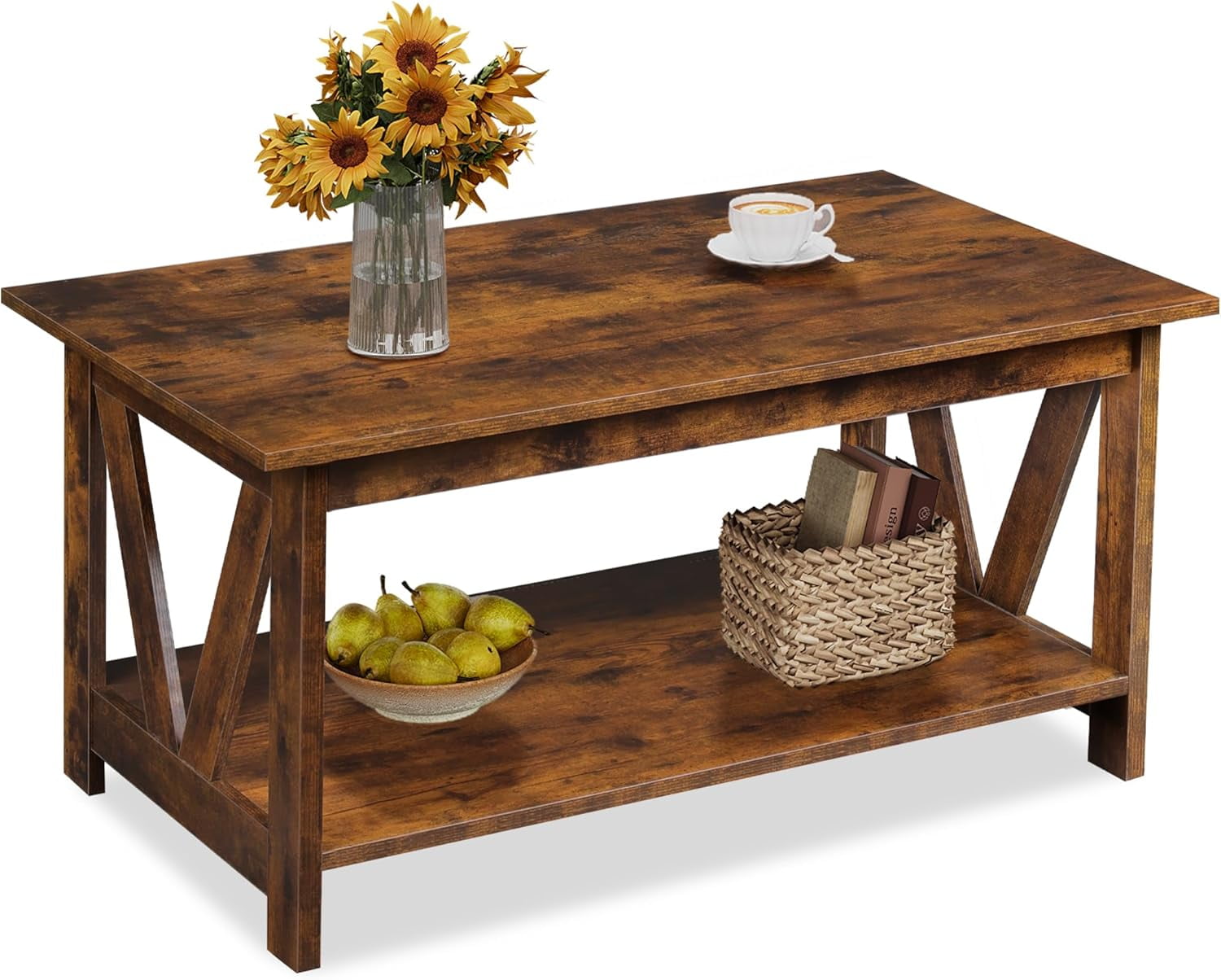 Coffee Table with Storage Shelf, 39.4" Farmhouse Coffee Table with V-Frame Support, 2-Tier Wood ...
