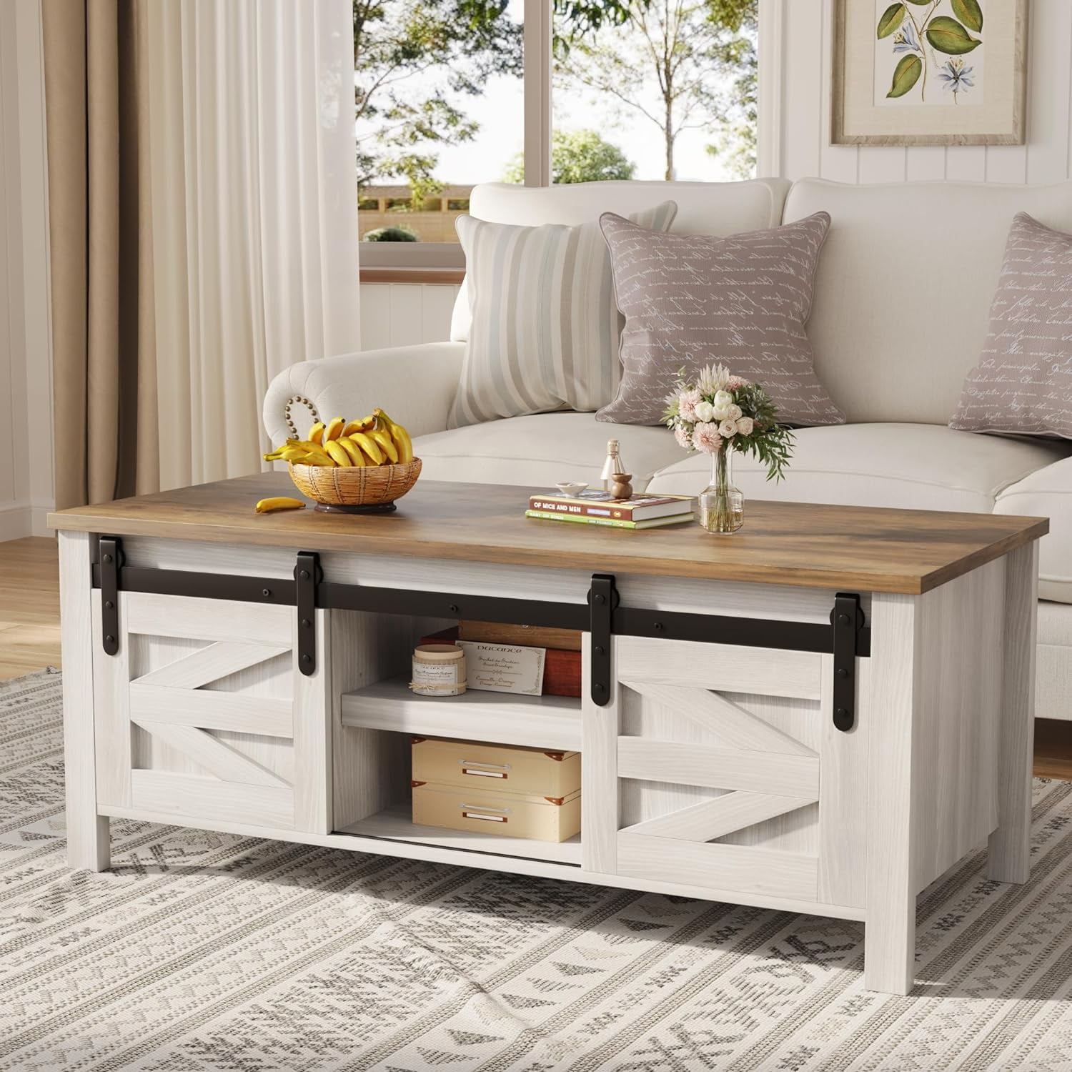 Coffee Table with Storage and Sliding Barn Doors, Farmhouse Living Room ...