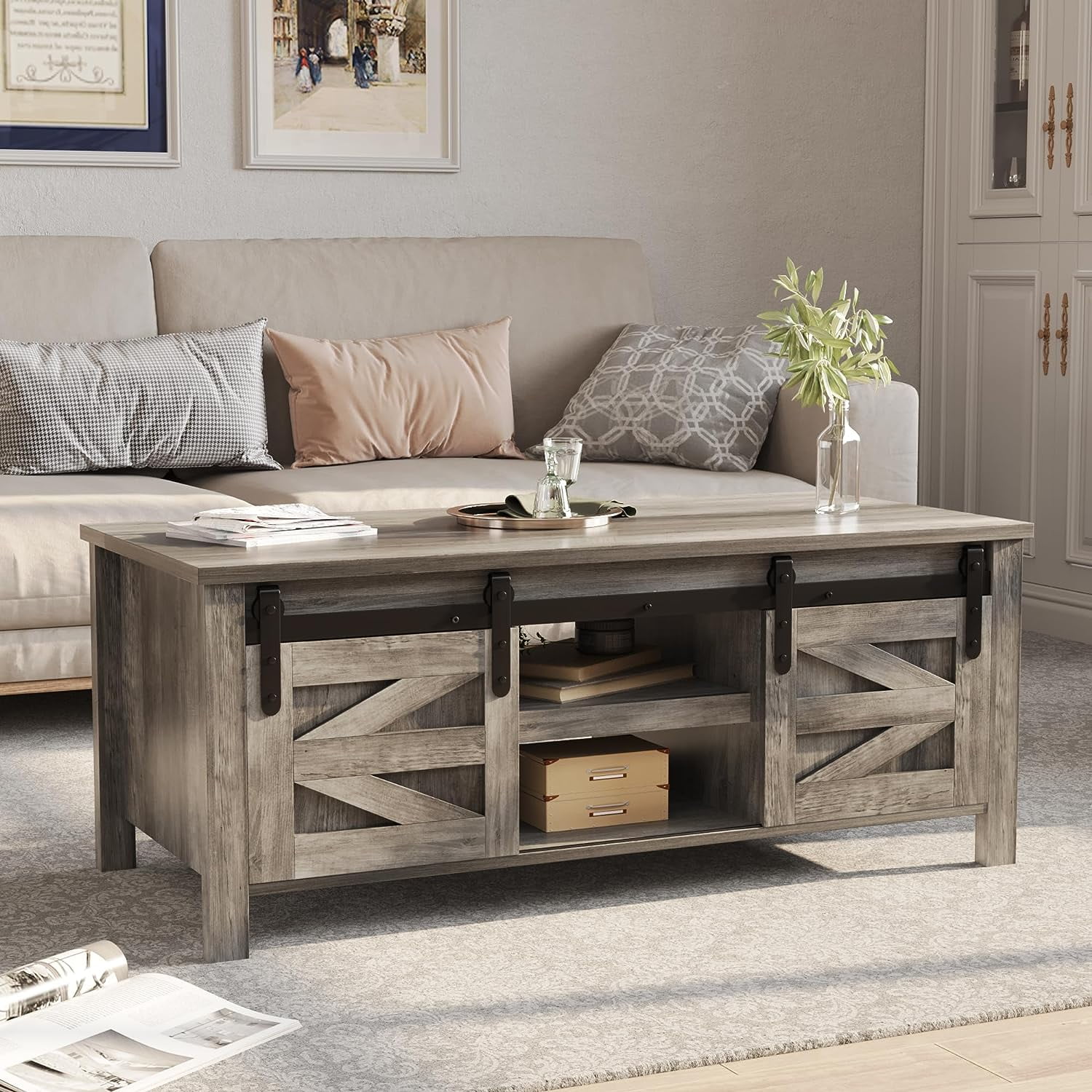 Coffee Table with Storage and Sliding Barn Doors, Farmhouse Living Room ...