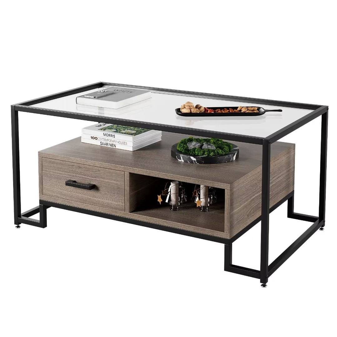 Coffee Table Tempered Glass, Center Table with 2 Drawers and Storage ...