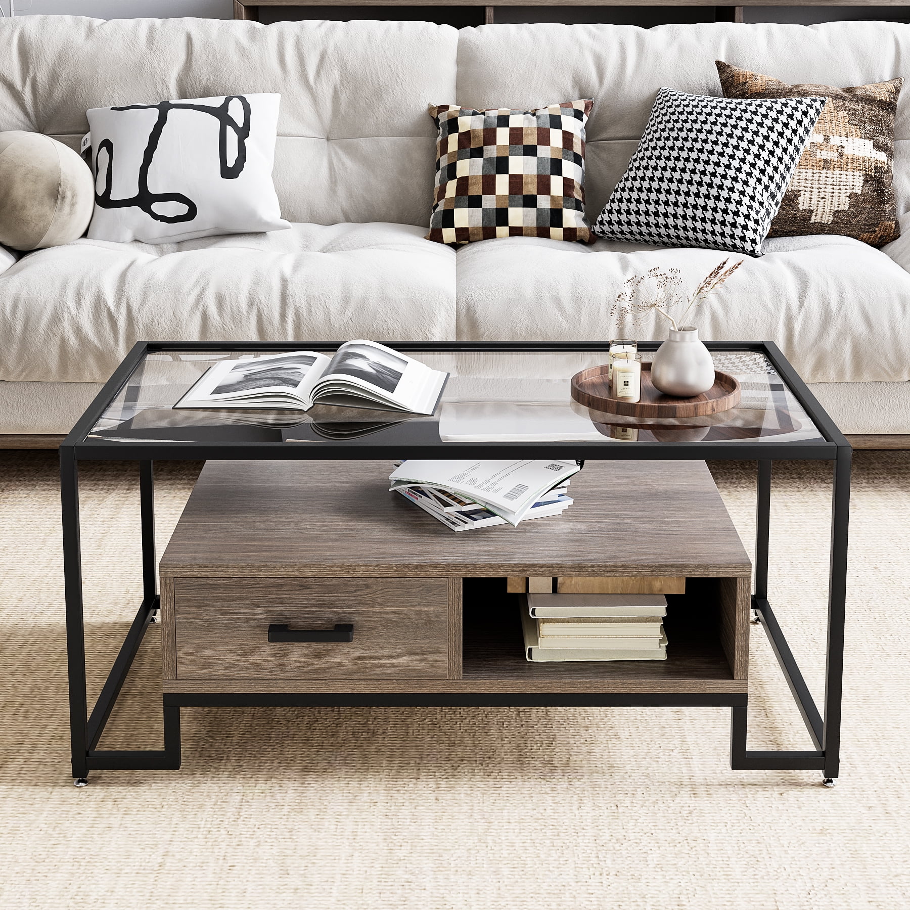 Coffee Table Tempered Glass, Rectangle Center Table with 2 Drawers and ...