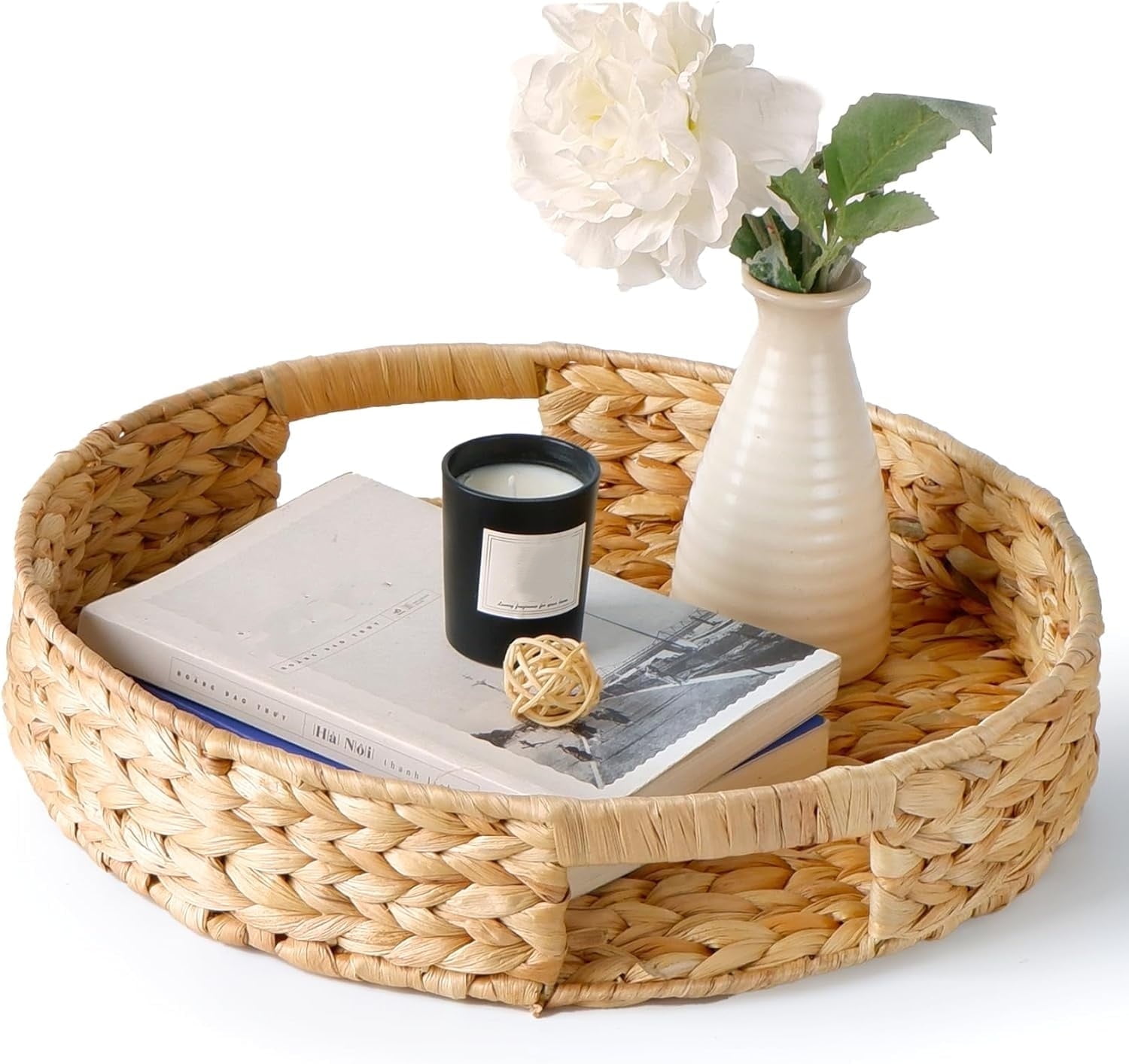 Wattne Woven Decorative Basket Tray, Round Wicker Serving Tray with ...