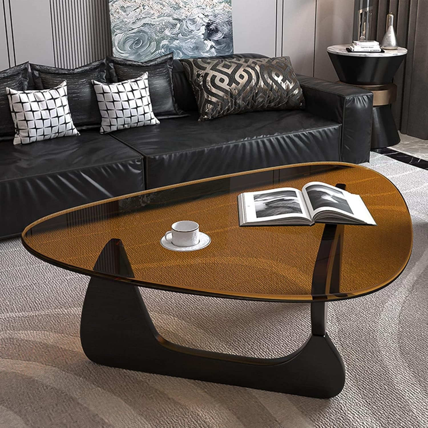 Coffee Table - Triangle Glass Coffee Table with Solid Wood Base ...