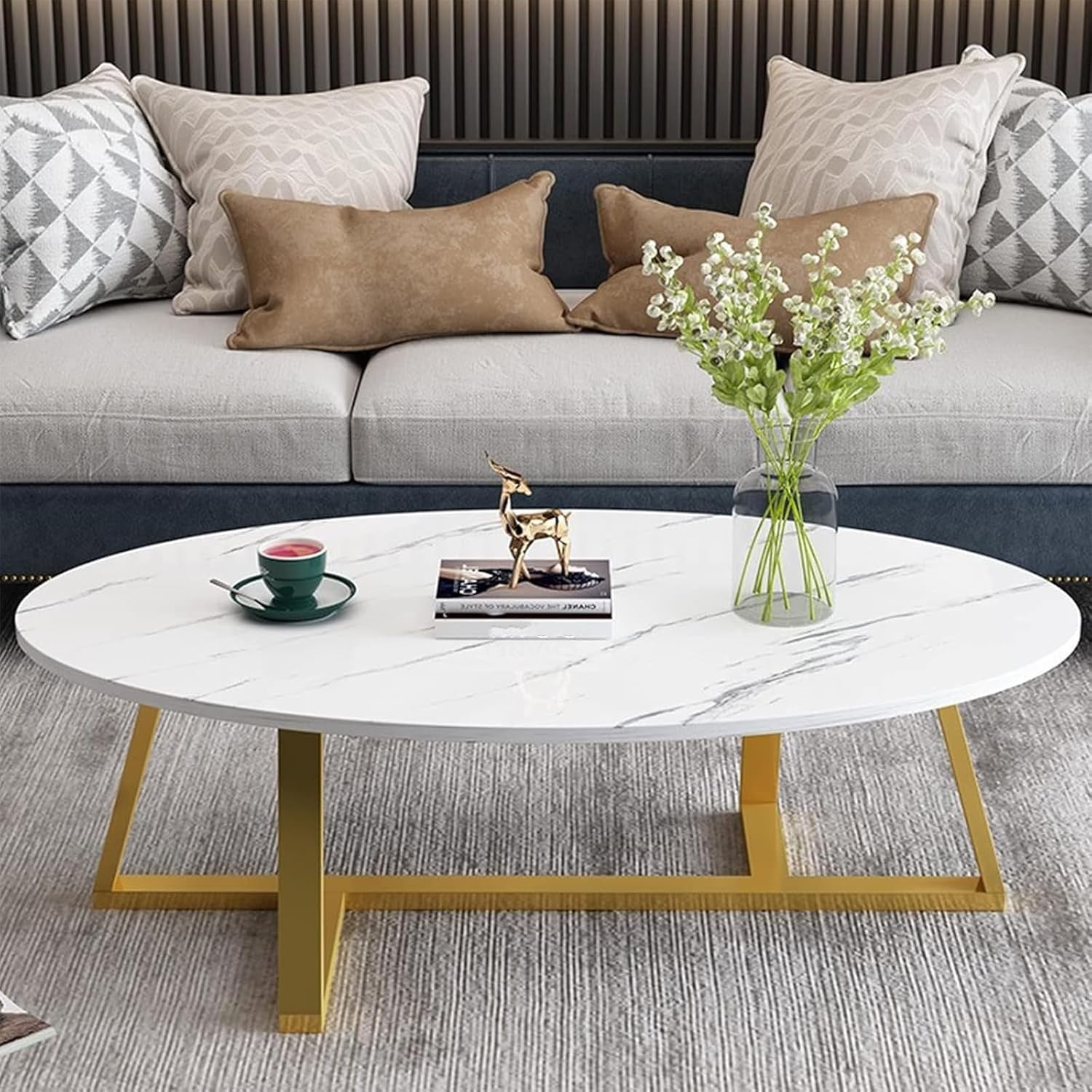 Coffee Table White Faux Marble Coffee Table for Living Room,Oval Center ...
