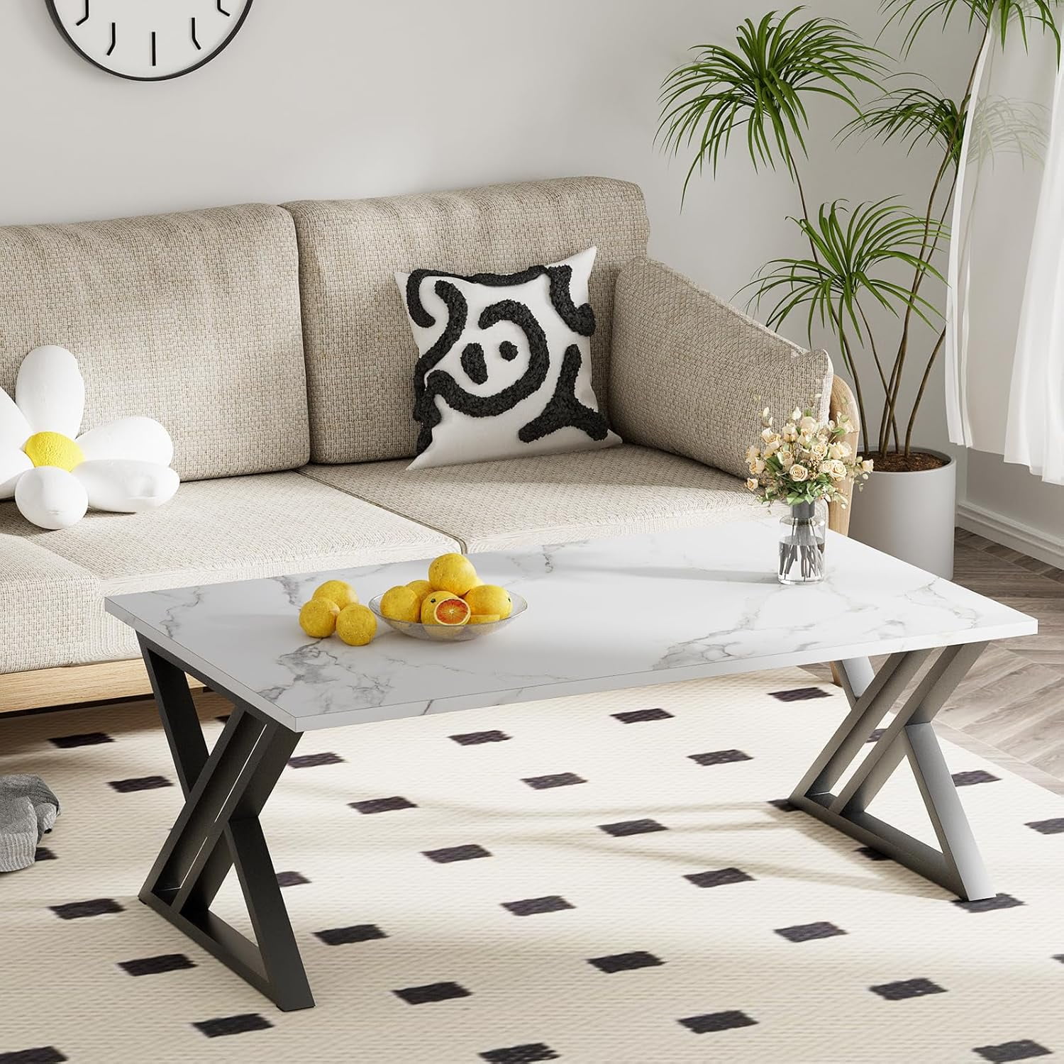 Coffee Table White Living Room Center Table, Simple Modern Faux Marble ...