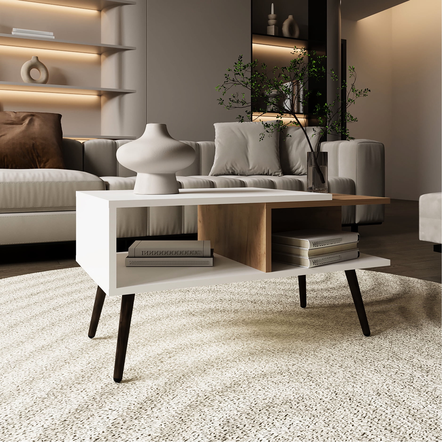 Coffee Table With 4 Legs And 2 Shelves, White/natural Oak, Contemporary ...