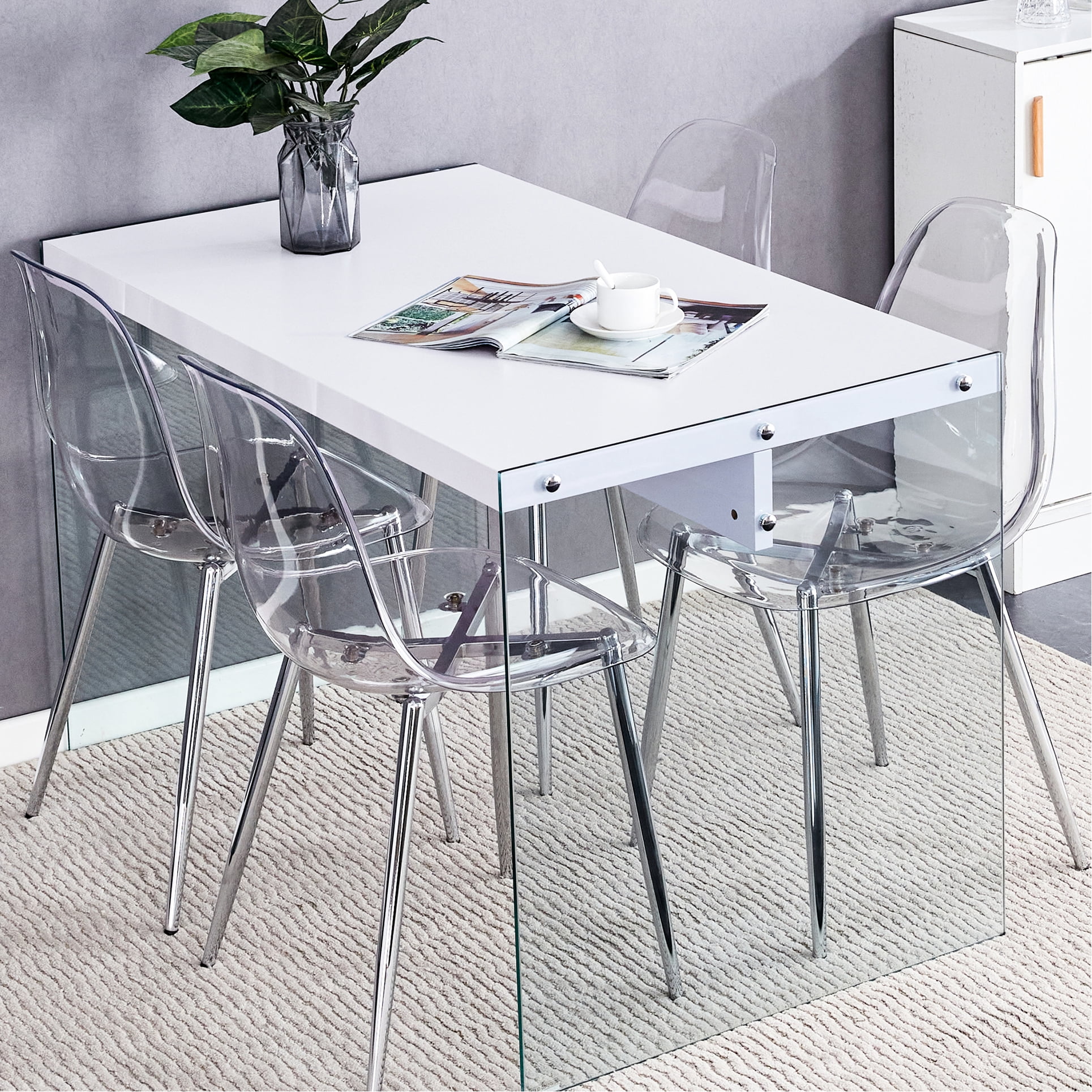 Coffee Table With Thick Plank & 4 Transparent Plastic Dining Chairs ...
