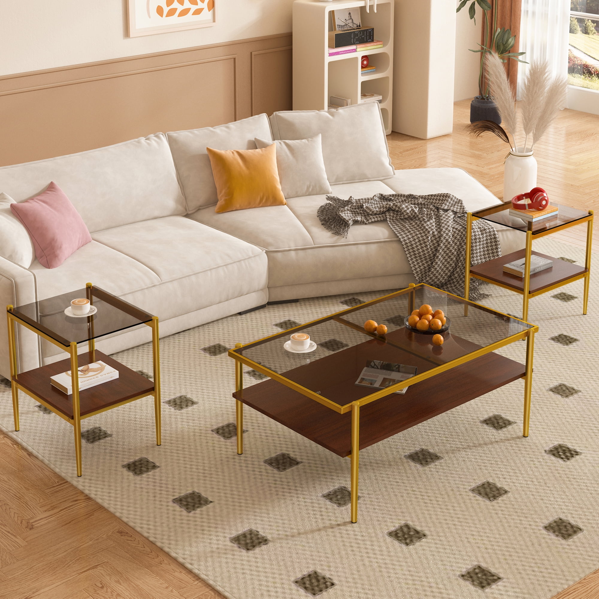 Coffee Table and End tables Set of 3, Tempered Glass Table with MDF ...