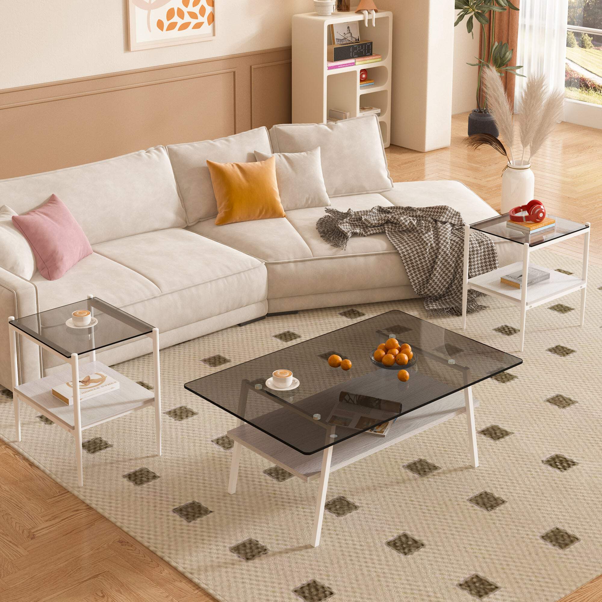 Coffee Table and End tables Set of 3, Tempered Glass Table with MDF ...