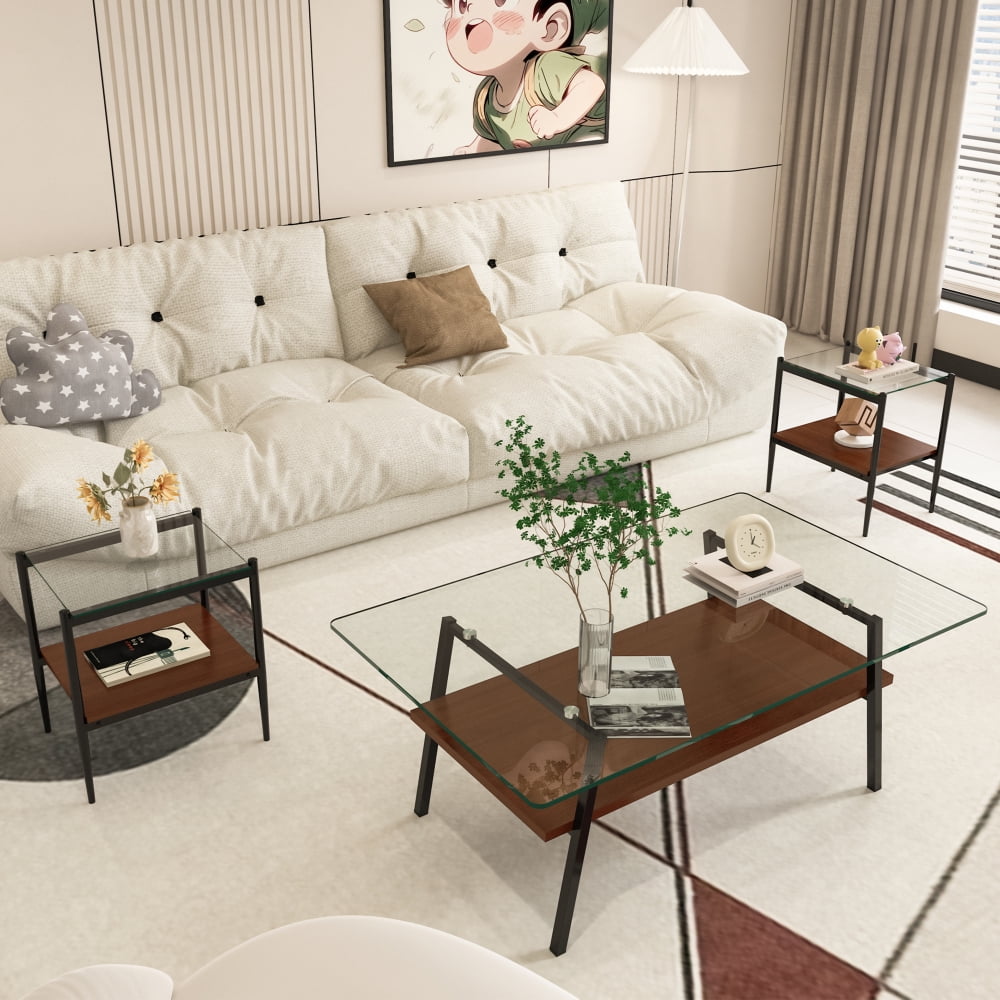Coffee Table and End tables Set of 3, Tempered Glass Table with MDF layer, Modern Tables for ...
