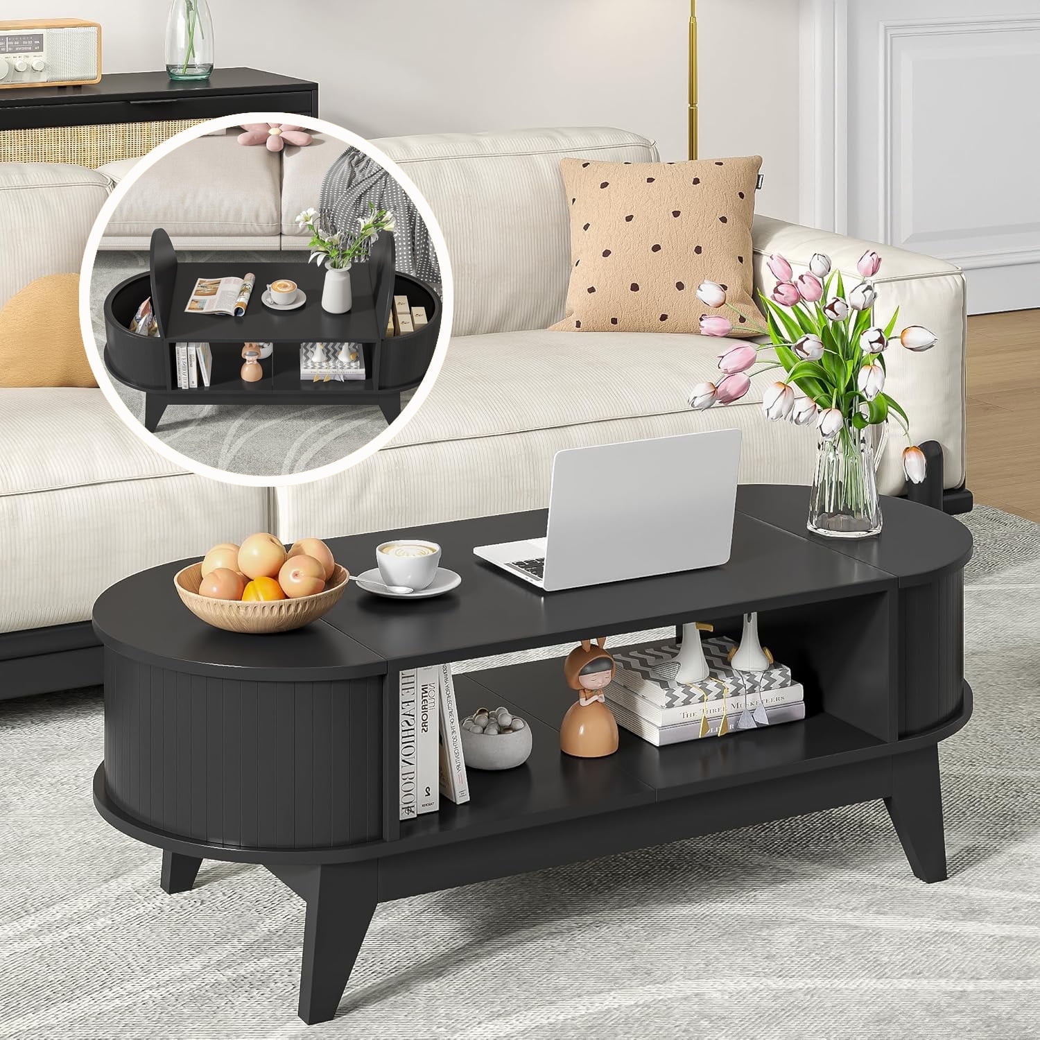 Coffee Table with 2 Hidden Compartment, Wooden Coffee Table with Open ...