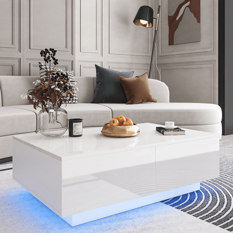 Hommpa Coffee Table with 4 Drawers LED High Gloss Rectangle End Table Modern Living Room Table White Side Desk