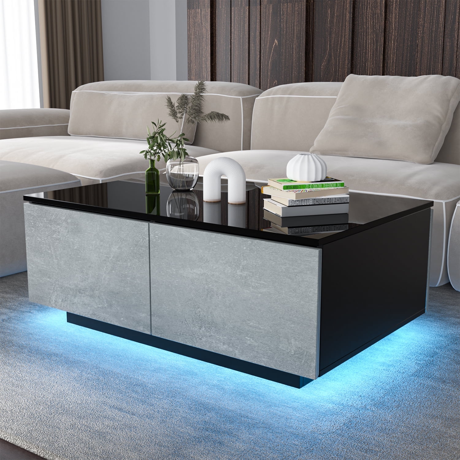 Hommpa Coffee Table with 4 Drawers LED Rectangle End Table Modern ...