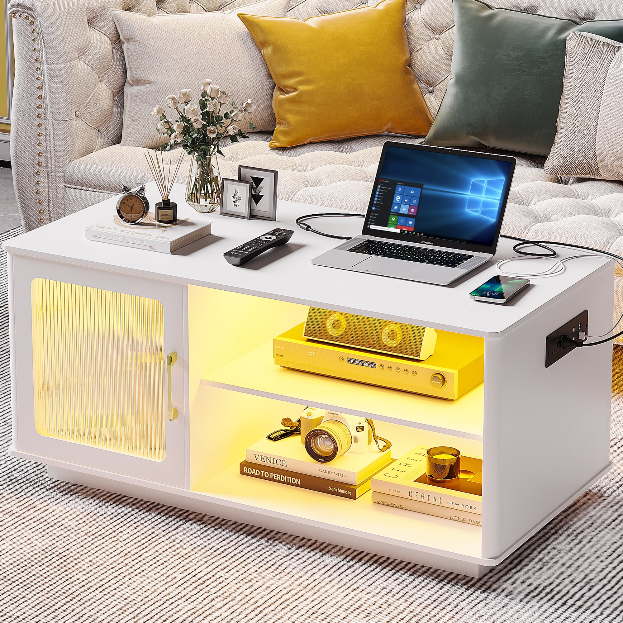 Coffee Table with Charging Station, 3 Color Dimmabl Dining Table with ...