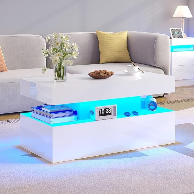 VanAcc Coffee Table with LED Light, Modern High Gloss Finish Center ...