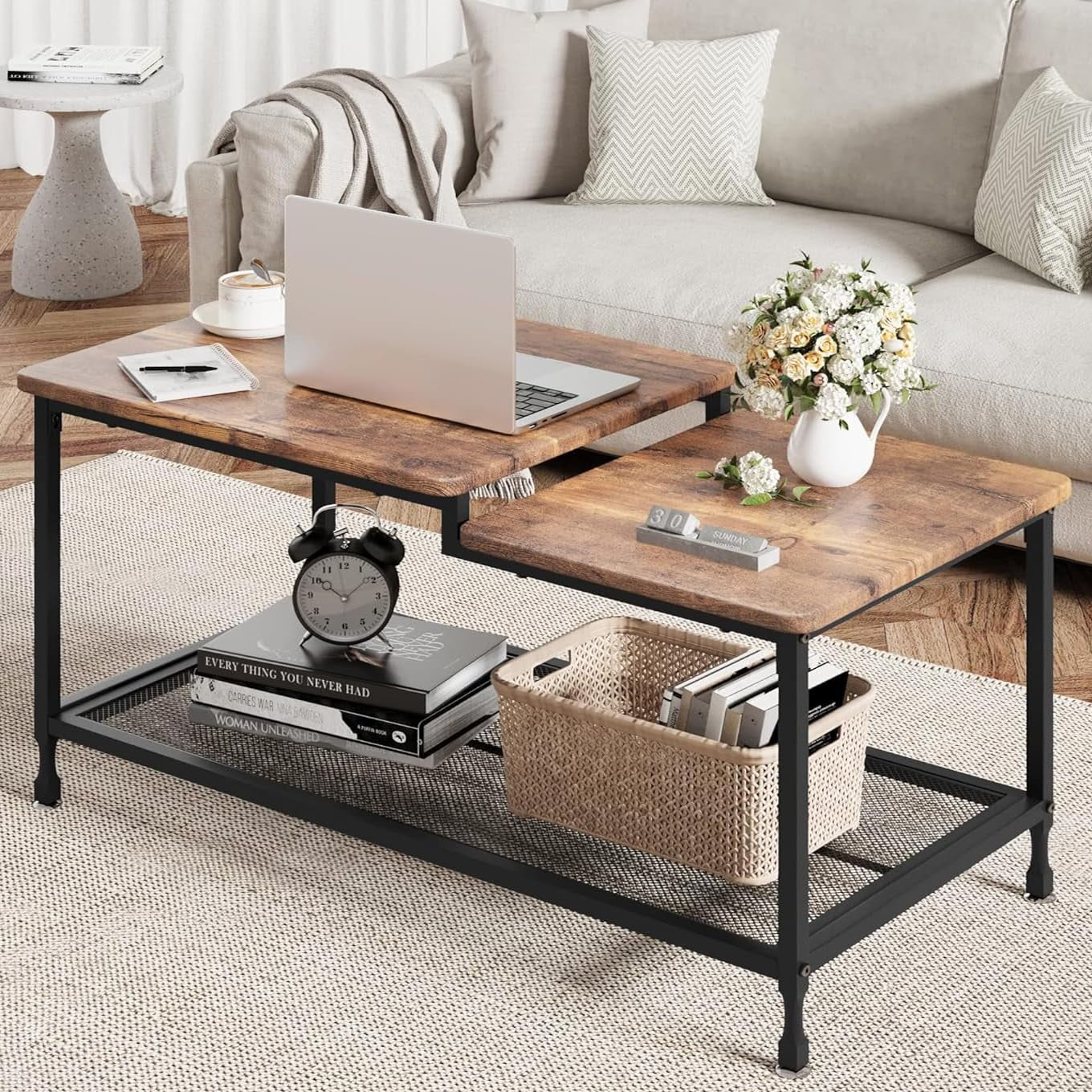 Coffee Table with Mesh Shelf, High and Low Table Top Coffee Table ...