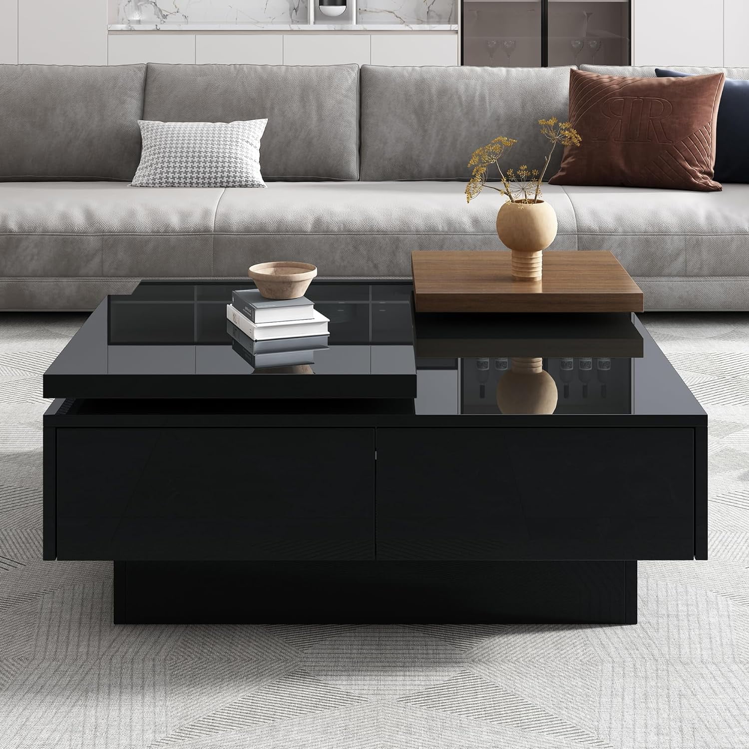 Coffee Table with Movable Top, Modern Square Wooden Coffee Table with ...