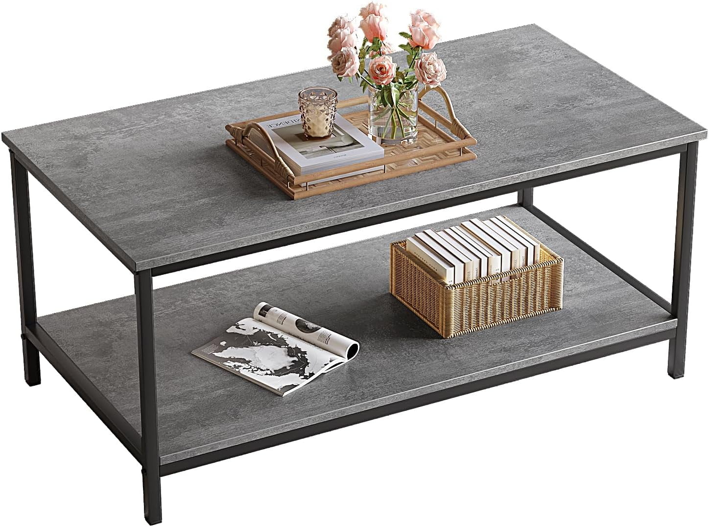 Coffee Table with Storage 2-Tier Industrial Center Table for Living Room, Rectangle Wood Table ...