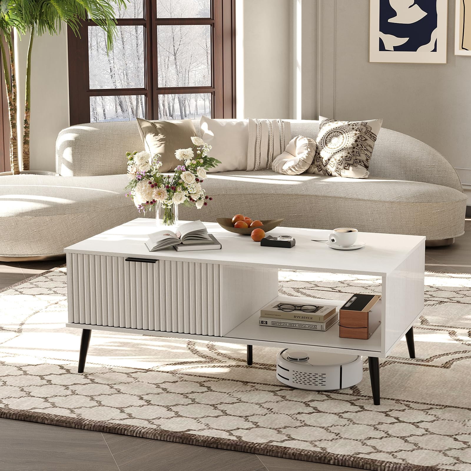 Coffee Table with Storage, 2-Tier Wooden Coffee Table with Sliding Door ...