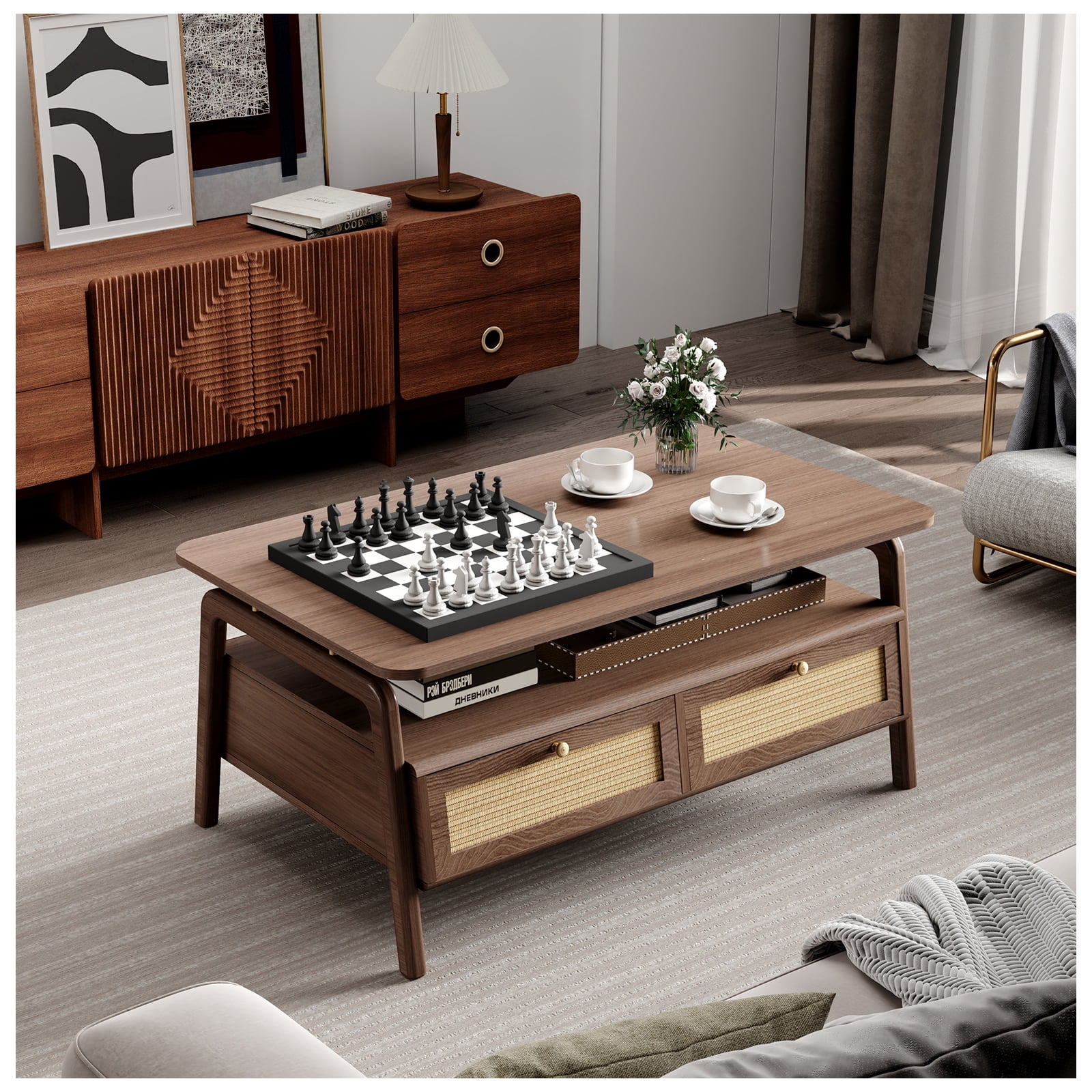 Coffee Table with Storage: Mid-Century Modern Style with 4 Rattan ...