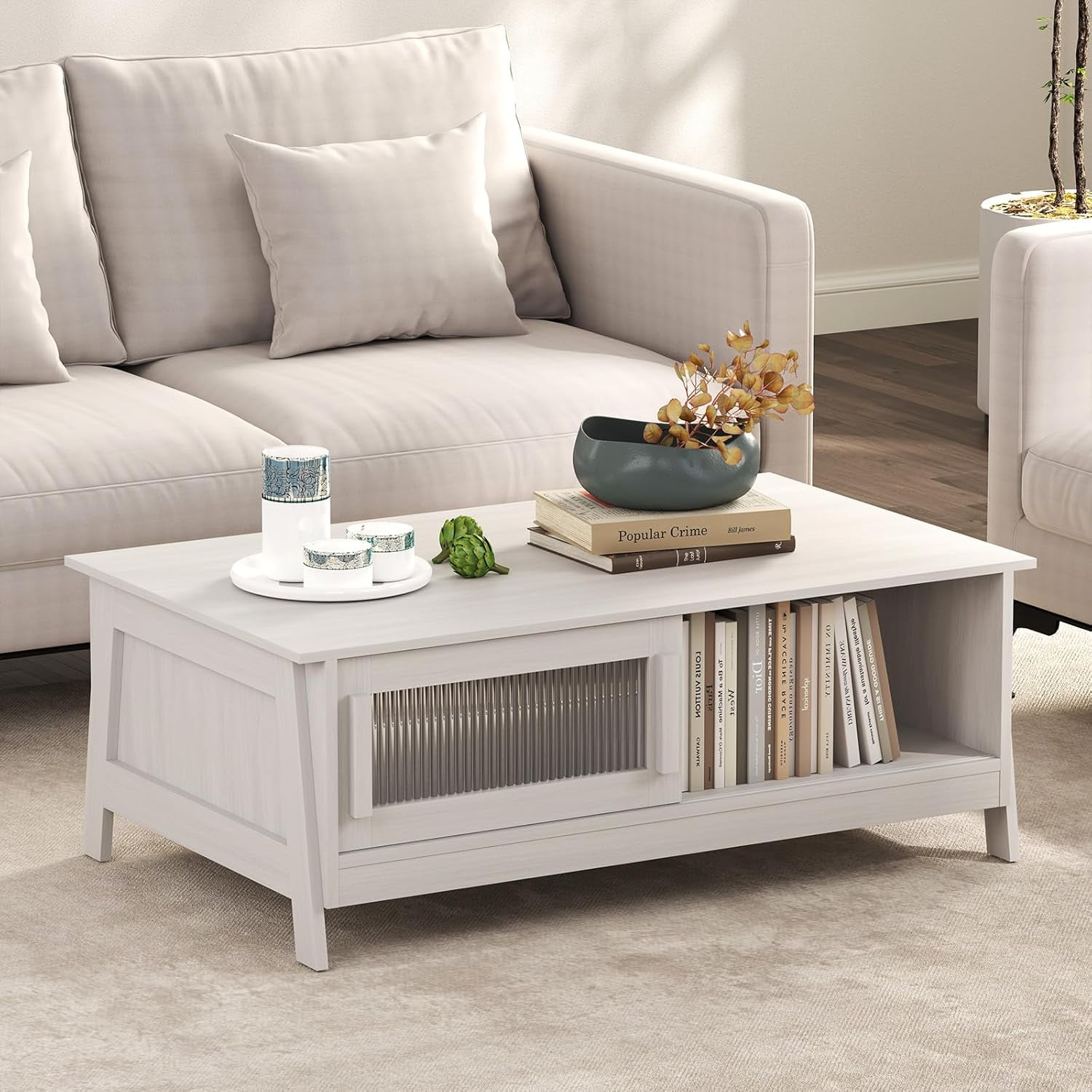 Coffee Table with Storage, Modern Coffee Table with Glass Sliding Doors ...