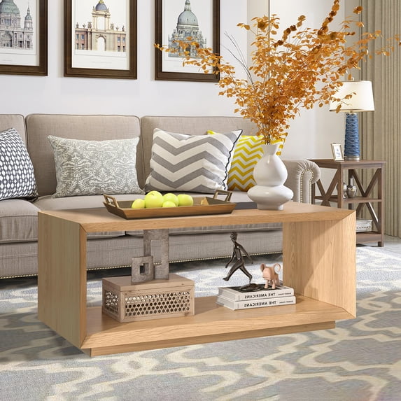 Coffee Table with Storage Shelf, Modern Rectangle Cocktail Table, Wood ...