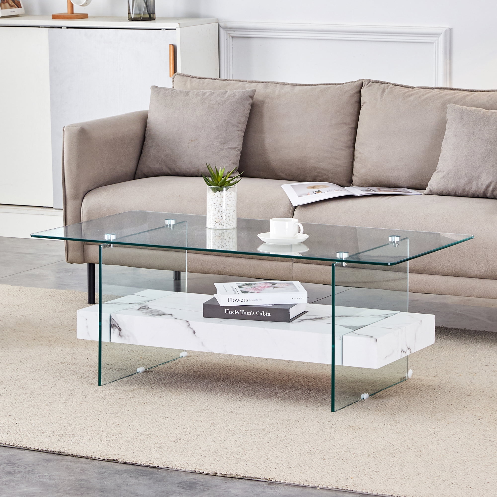 Coffee Tables 43.3-inch sturdy double-layer coffee table - tempered ...