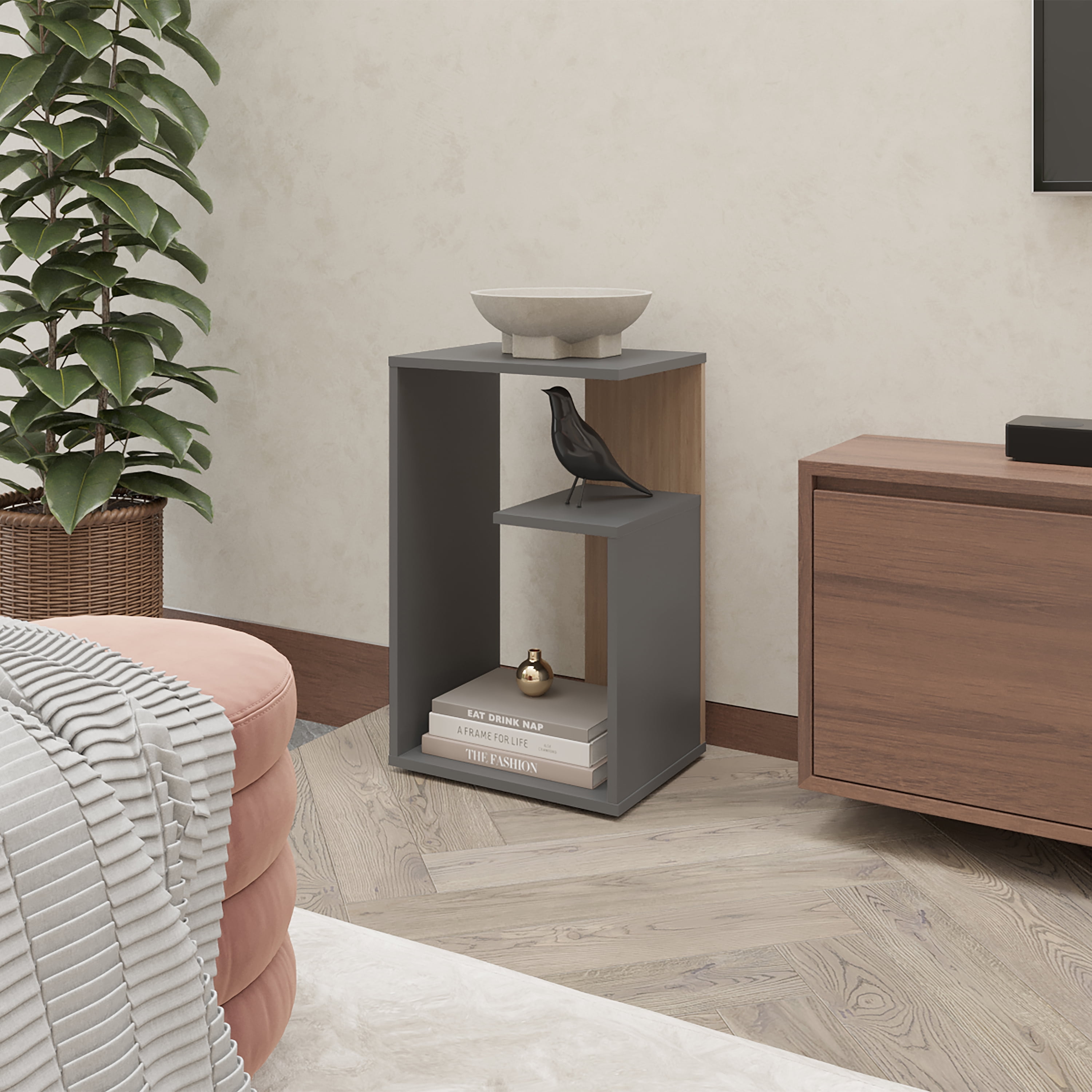 Coffee Tables FM FURNITURE Vega Side Table in Melamine with Open Storage, Matt Grey and Light ...