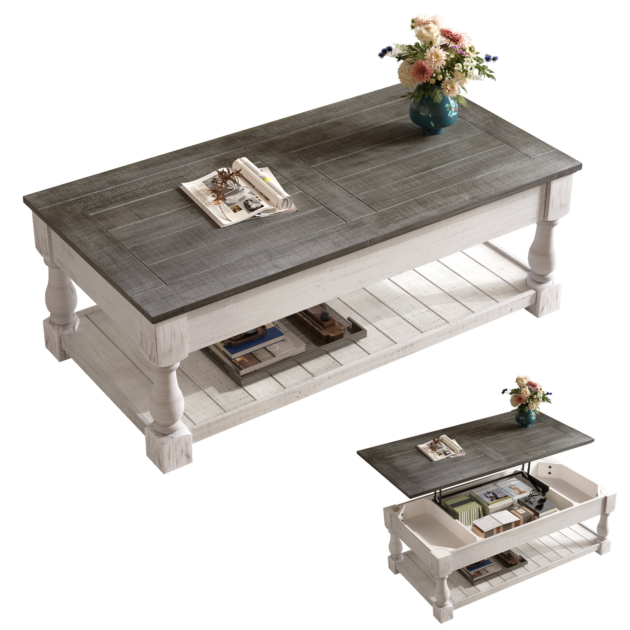 Coffee Tables Farmhouse Lift Top Coffee Table with Fixed Shelf - 3 ...