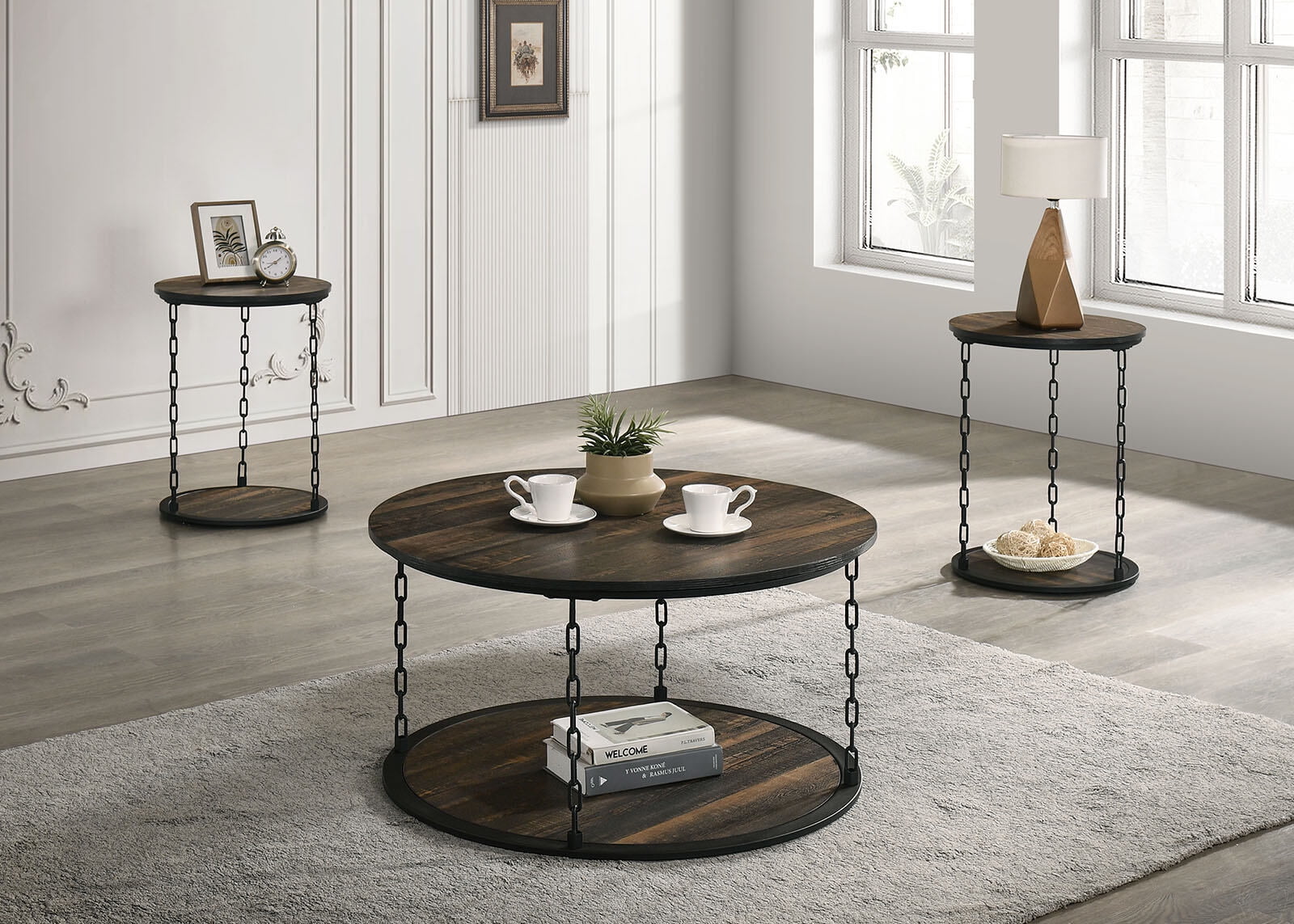 Coffee Tables Rustic Style 3pc Table Set 1x Coffee Table 2x End Table ...