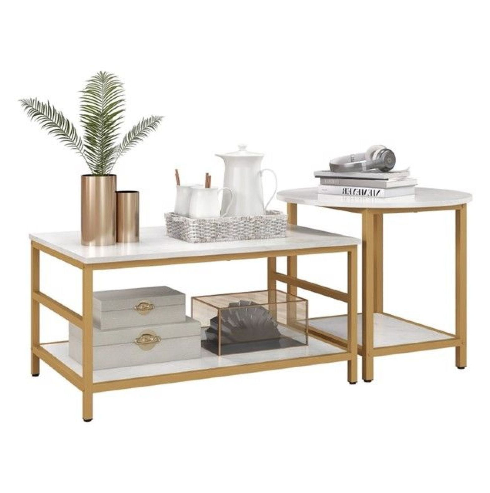 Coffee Tables Set of 2, Living Room Coffee Table with Storage, Faux ...