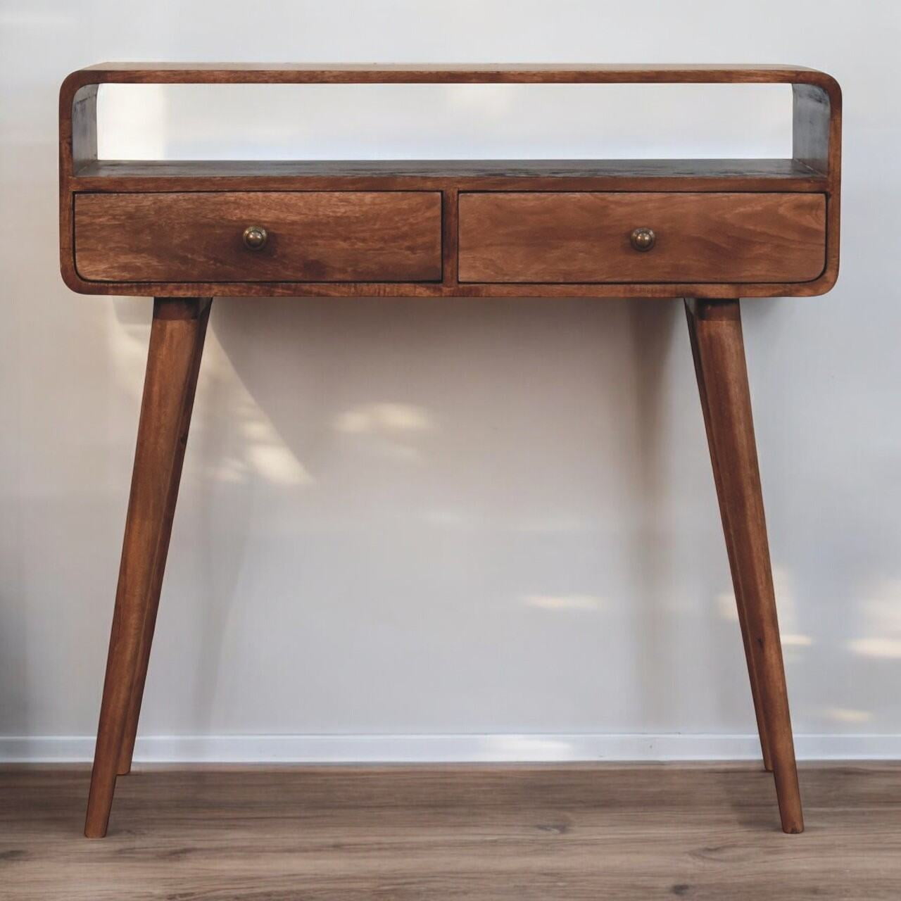 Coffee Tables, Solid Wood Curved Honey Caramel Console Table, Brown ...