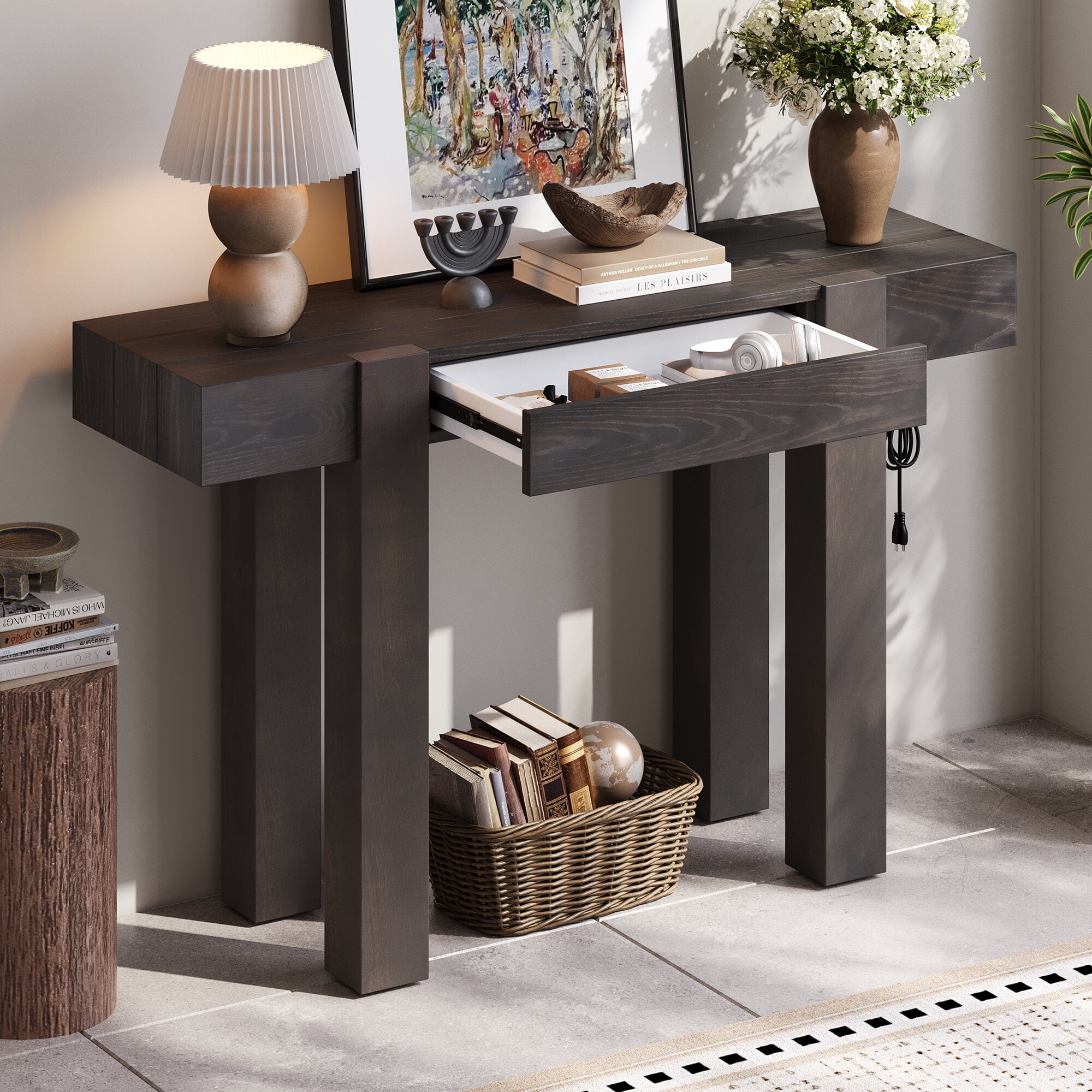 Coffee Tables TREXM Rustic Minimalist Console Table with Hidden Drawer ...