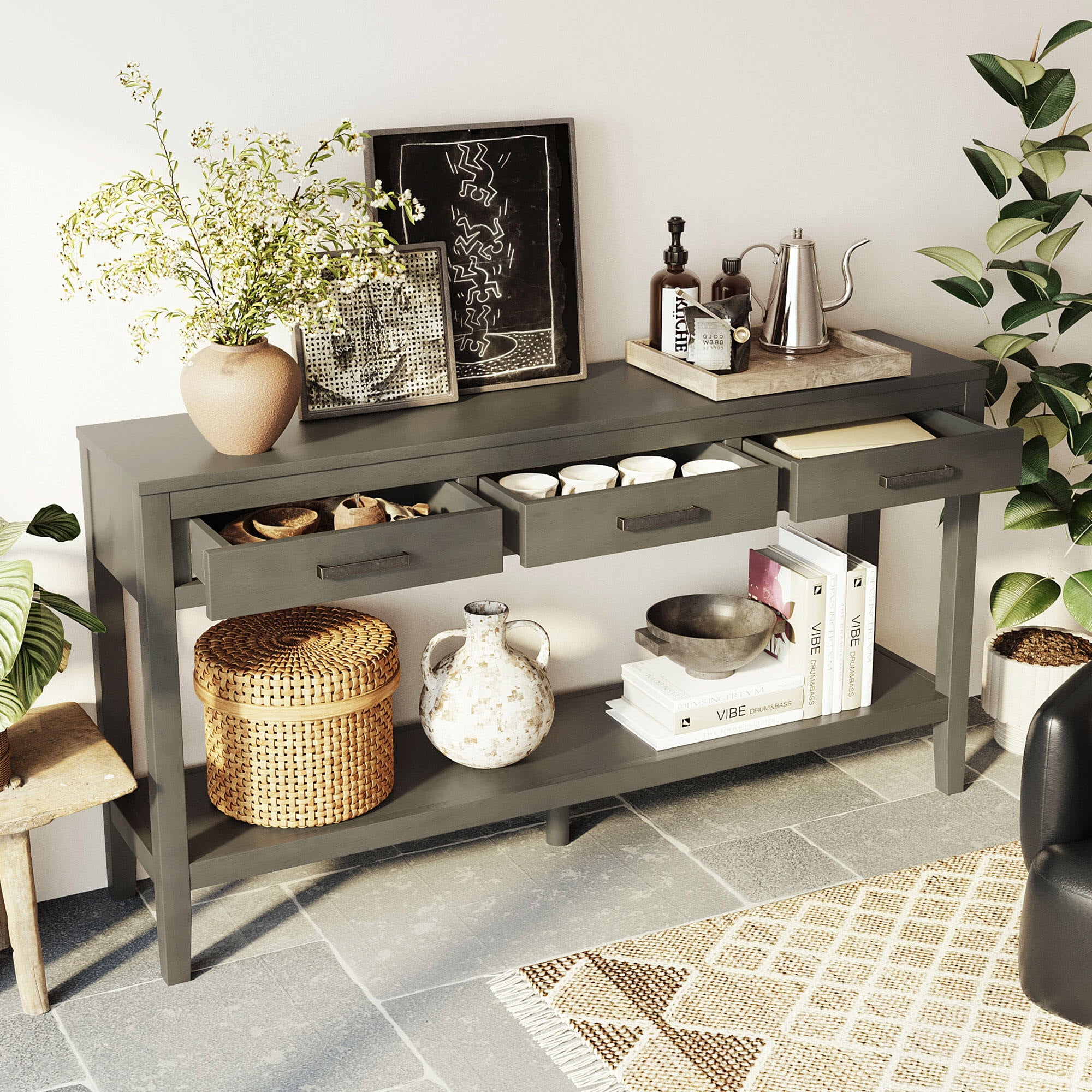Coffee Tables U_STYLE 62.2'' Farmhouse Entryway Table with 3 Drawers ...