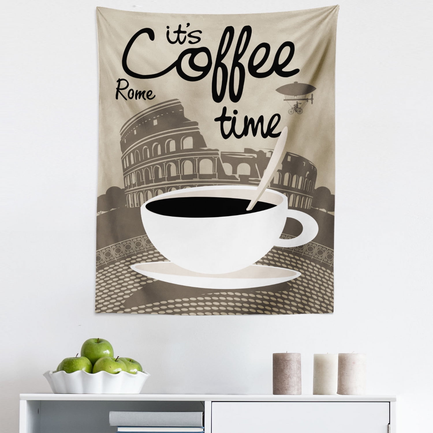 Coffee Tapestry, It's Coffee Time Text with Rome Landmark Collesium ...