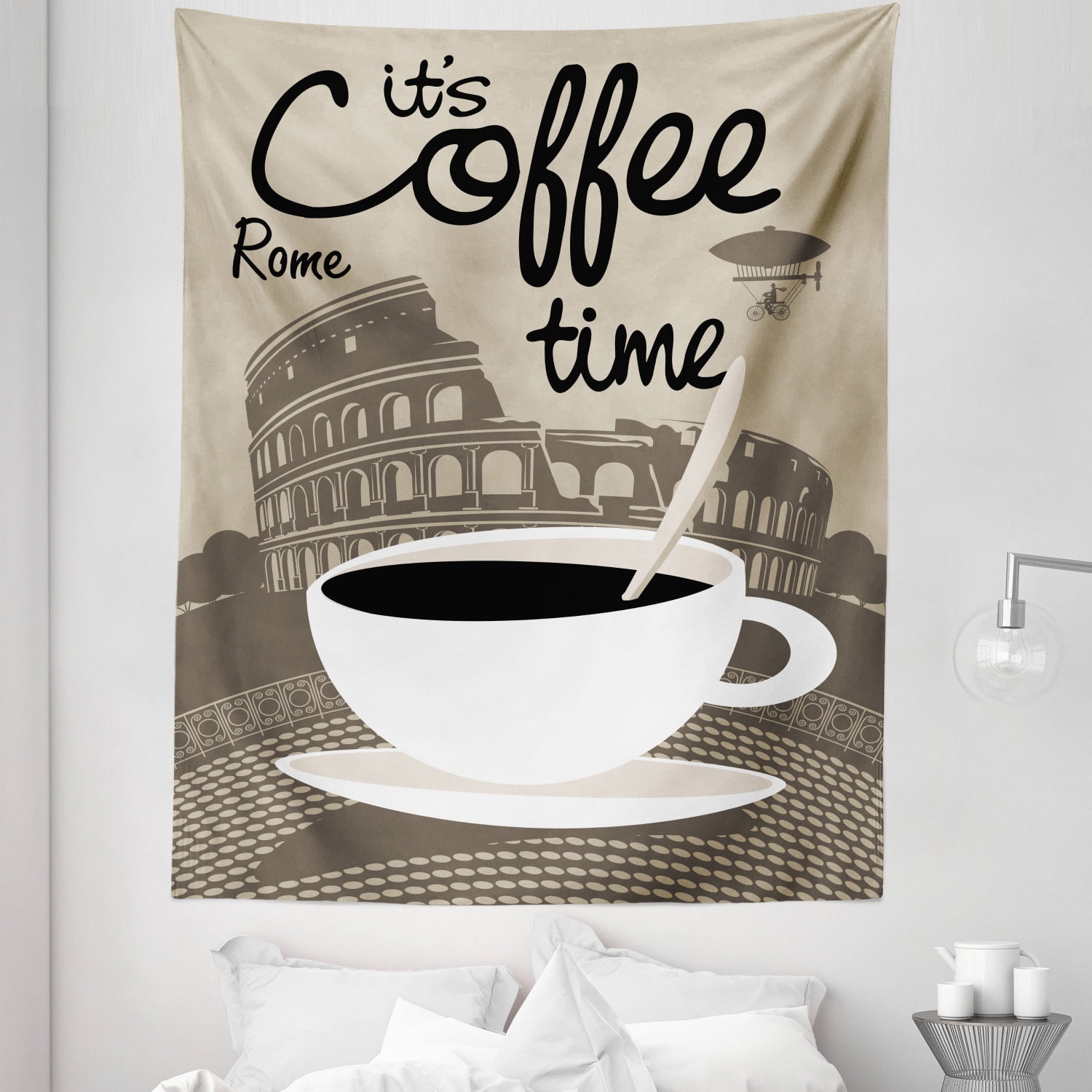 Coffee Tapestry, It's Coffee Time Text with Rome Landmark Collesium ...